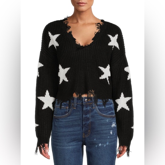 Polly & Esther | Sweaters | Black Distressed Star Sweater | Poshmark